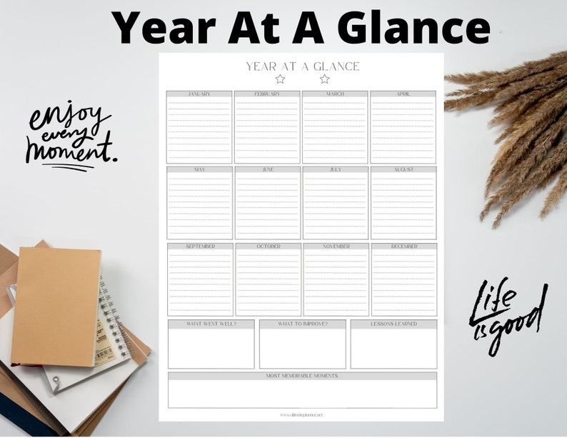 Year at a Glance, Year in Review, Digital, PDF, Printable, Annual ...