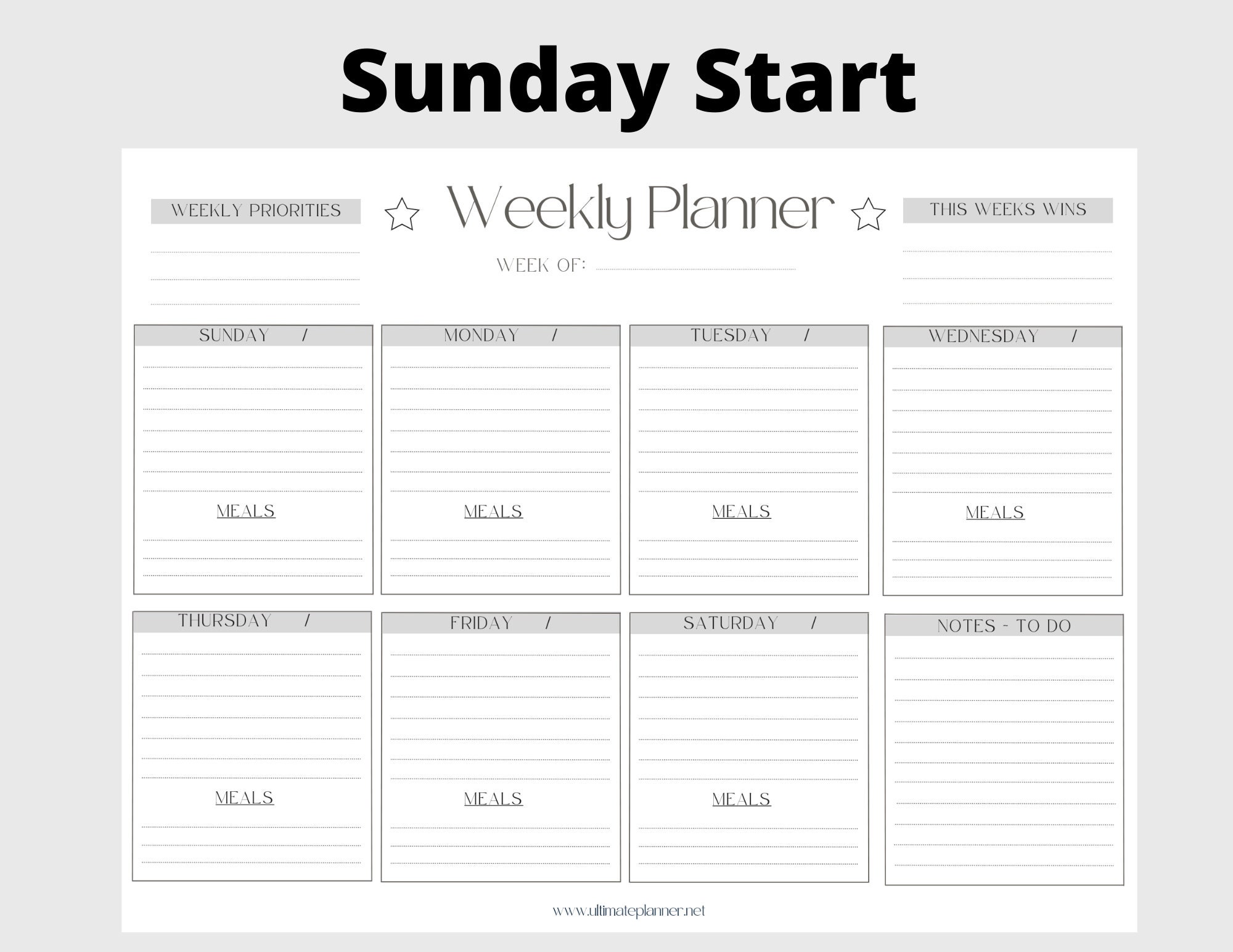 Weekly Planner Printable Template – Sunday or Monday Start – Landscape ...