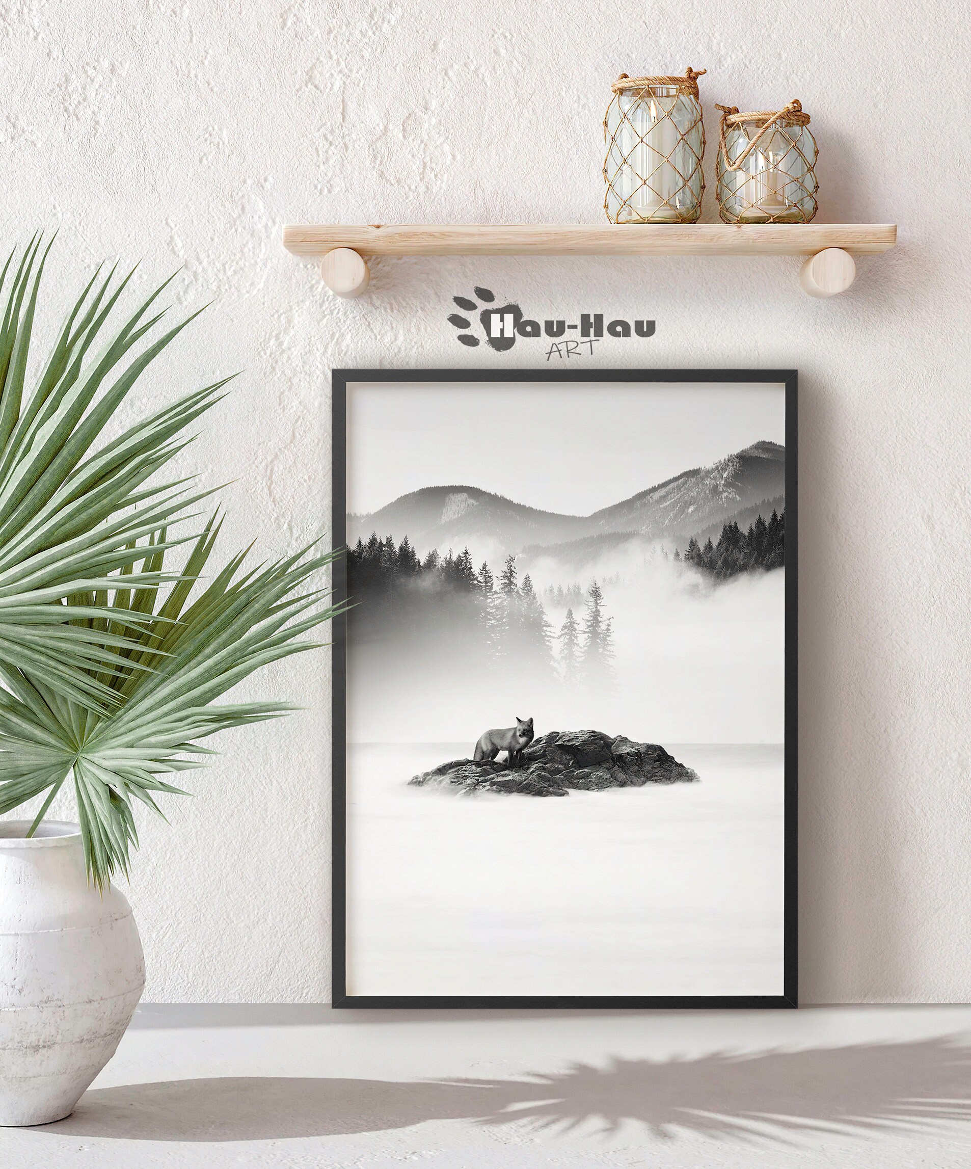 Black and White Fox Print, Fox Wall Art, Mountain Poster, Modern Art ...