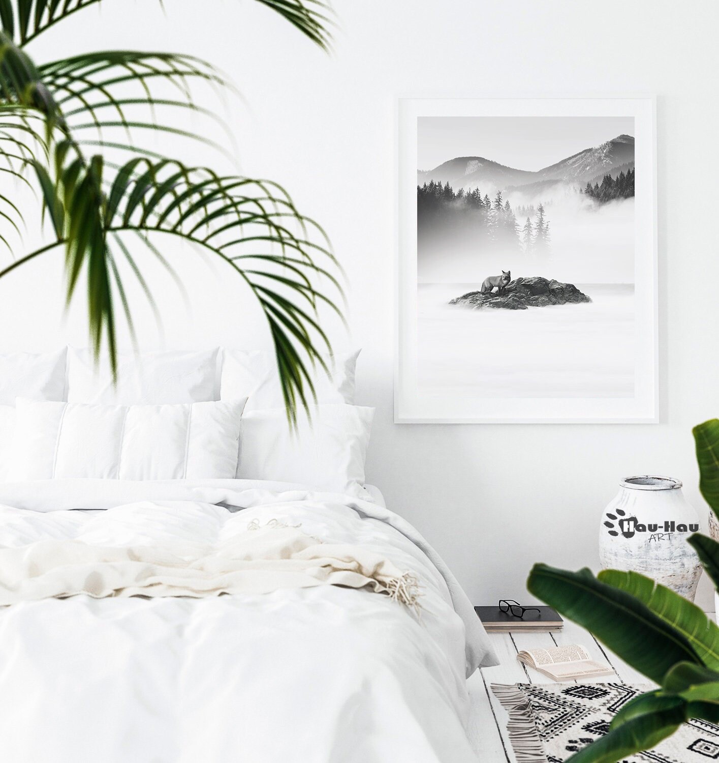 Black and White Fox Print, Fox Wall Art, Mountain Poster, Modern Art ...