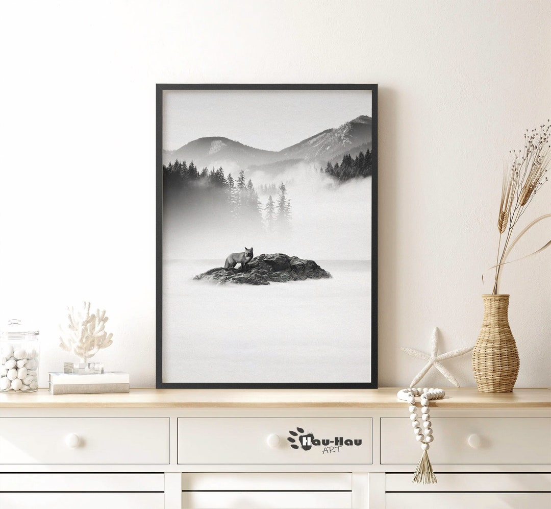 Black and White Fox Print, Fox Wall Art, Mountain Poster, Modern Art ...