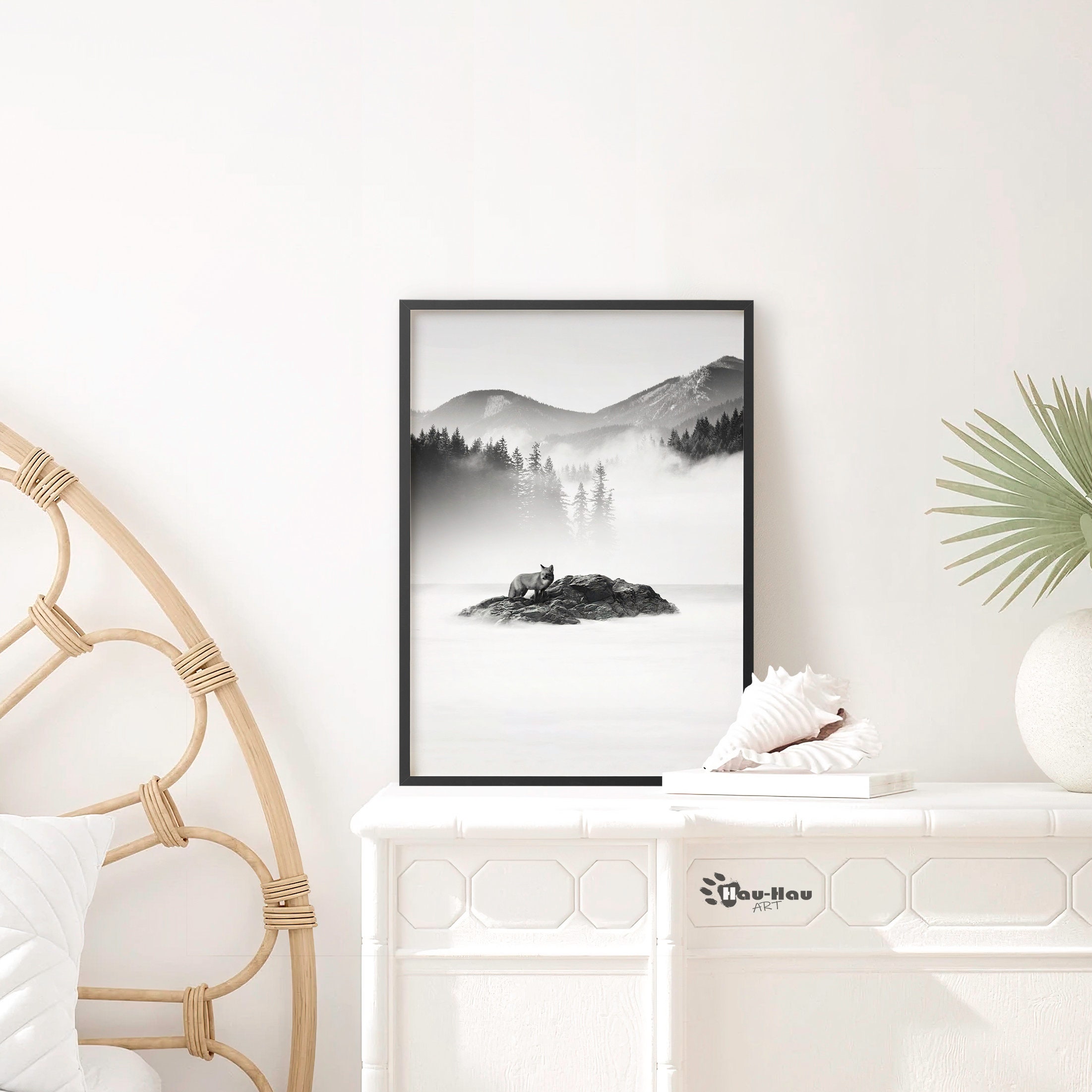 Black and White Fox Print, Fox Wall Art, Mountain Poster, Modern Art ...