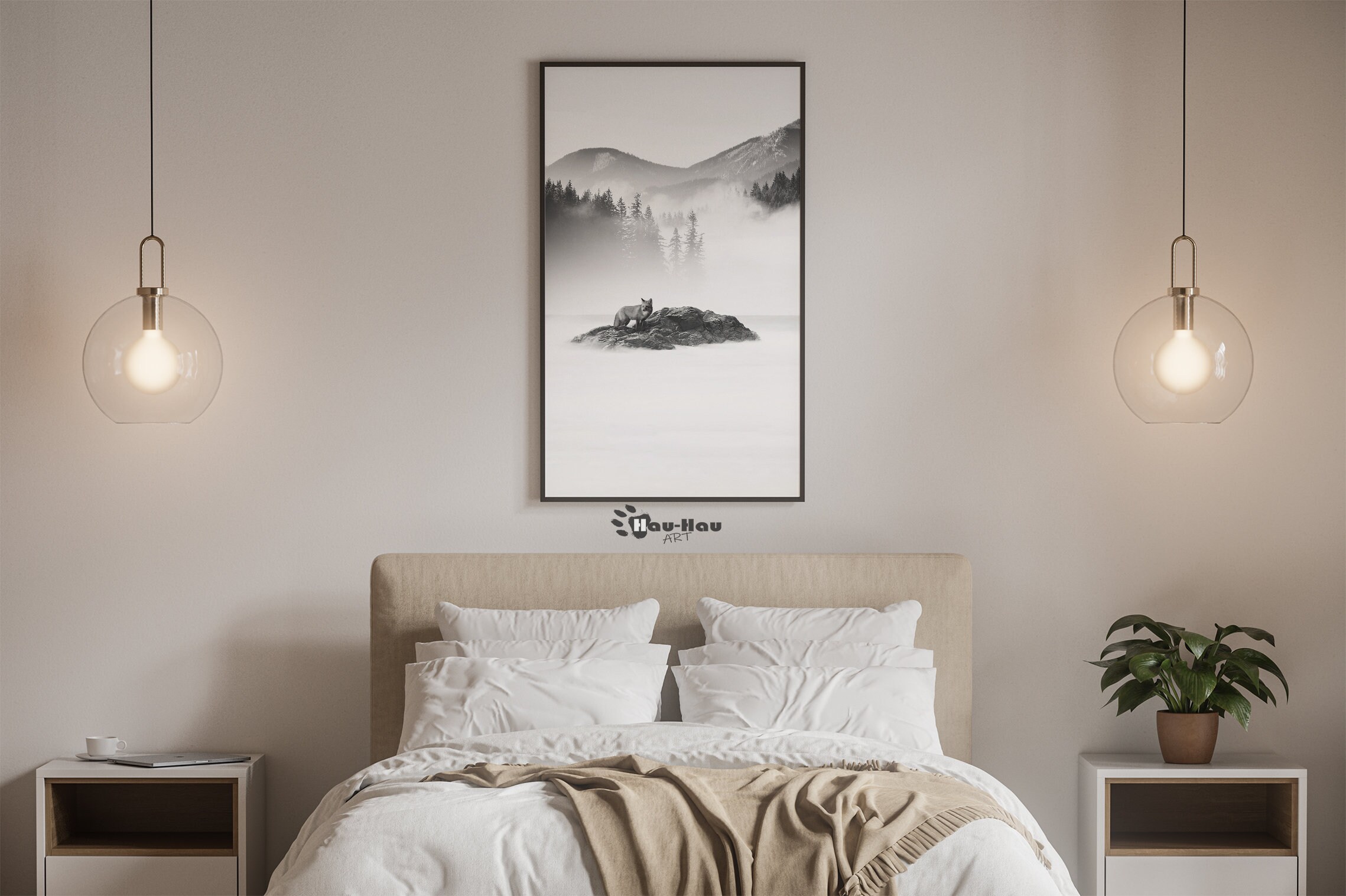 Black and White Fox Print, Fox Wall Art, Mountain Poster, Modern Art ...