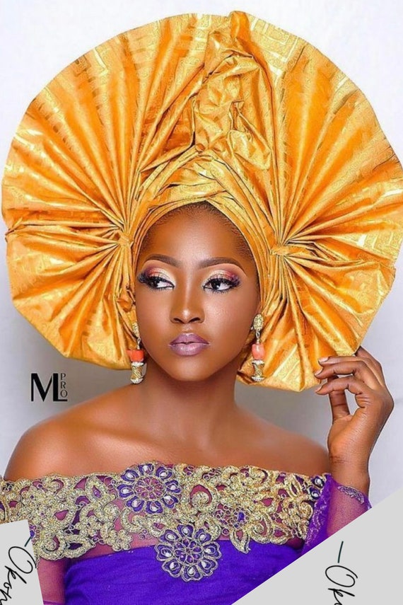 Africa Party Gold Nigeria Gele Headtie Hat Damask - Etsy
