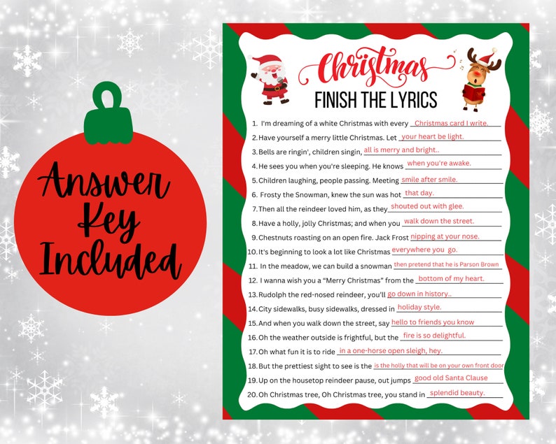 Christmas Song Finish the Lyrics Game for Adults, Teens, & Kids, Fun ...