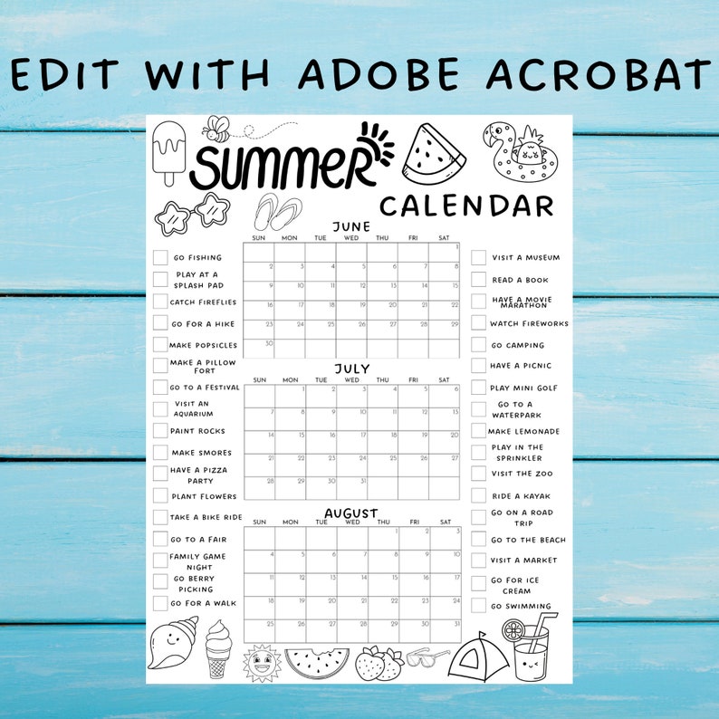 Printable Summer Calendar Poster, Summer Activities Calendar, Bucket ...