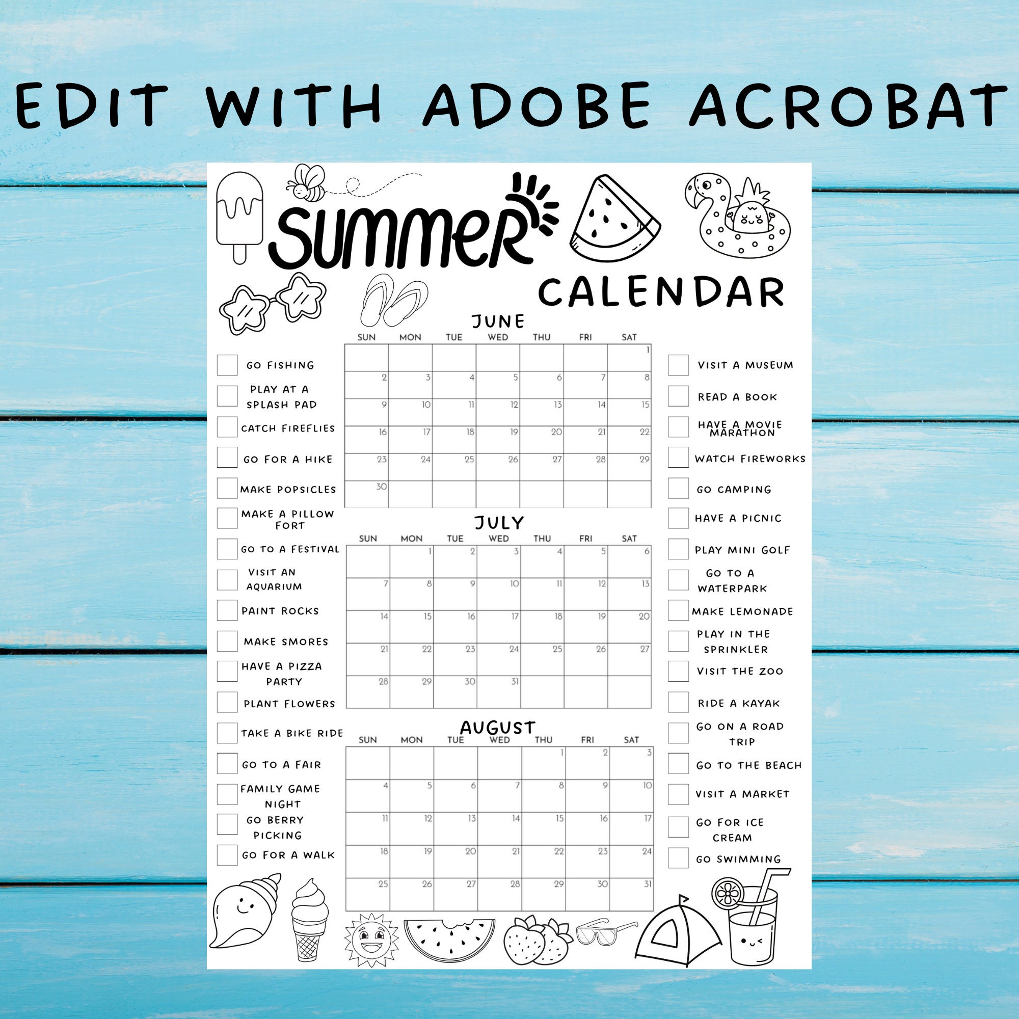 Printable Summer Calendar Poster, Summer Activities Calendar, Bucket ...