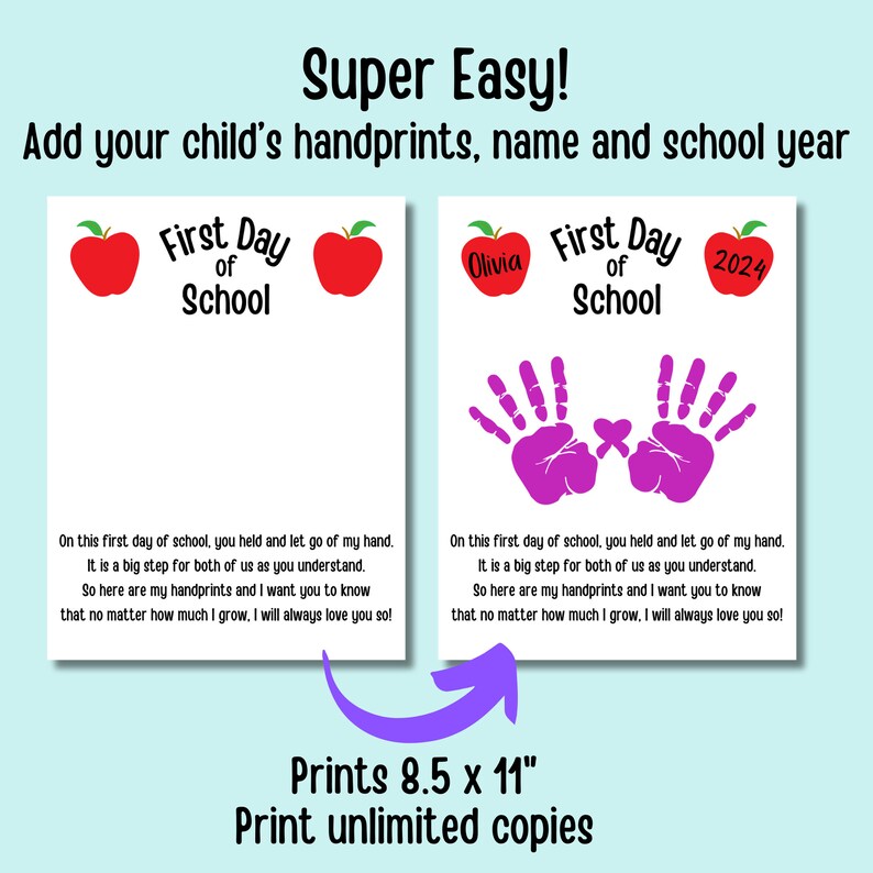 Handprint First Day of School Poem, Back to School Handprint Art ...