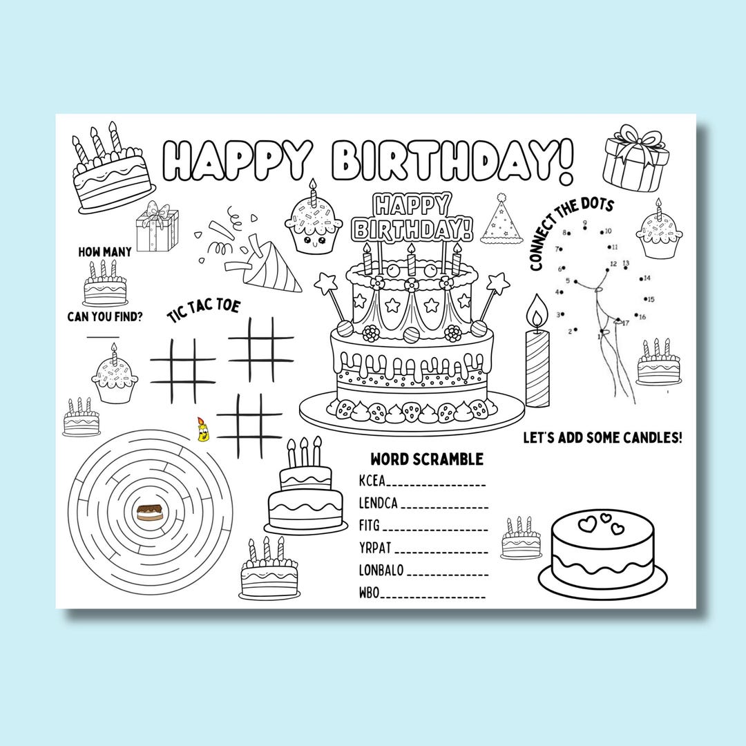 Kids Party Birthday Activity Sheet, Personalized Birthday Coloring Page ...
