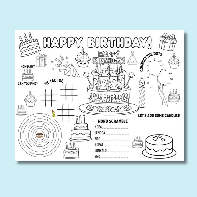 Kids Party Birthday Activity Sheet, Personalized Birthday Coloring Page ...
