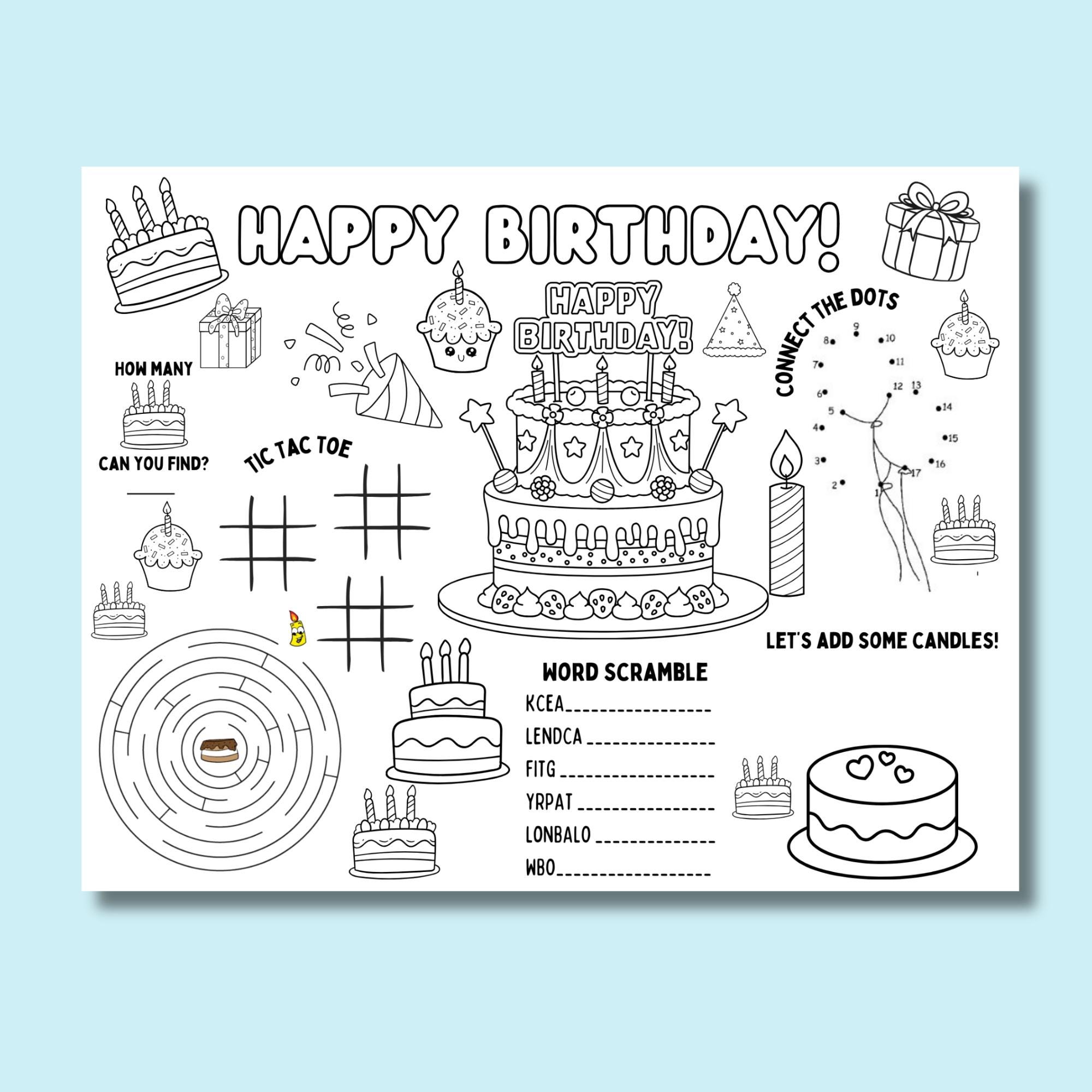 Kids Party Birthday Activity Sheet, Personalized Birthday Coloring Page ...