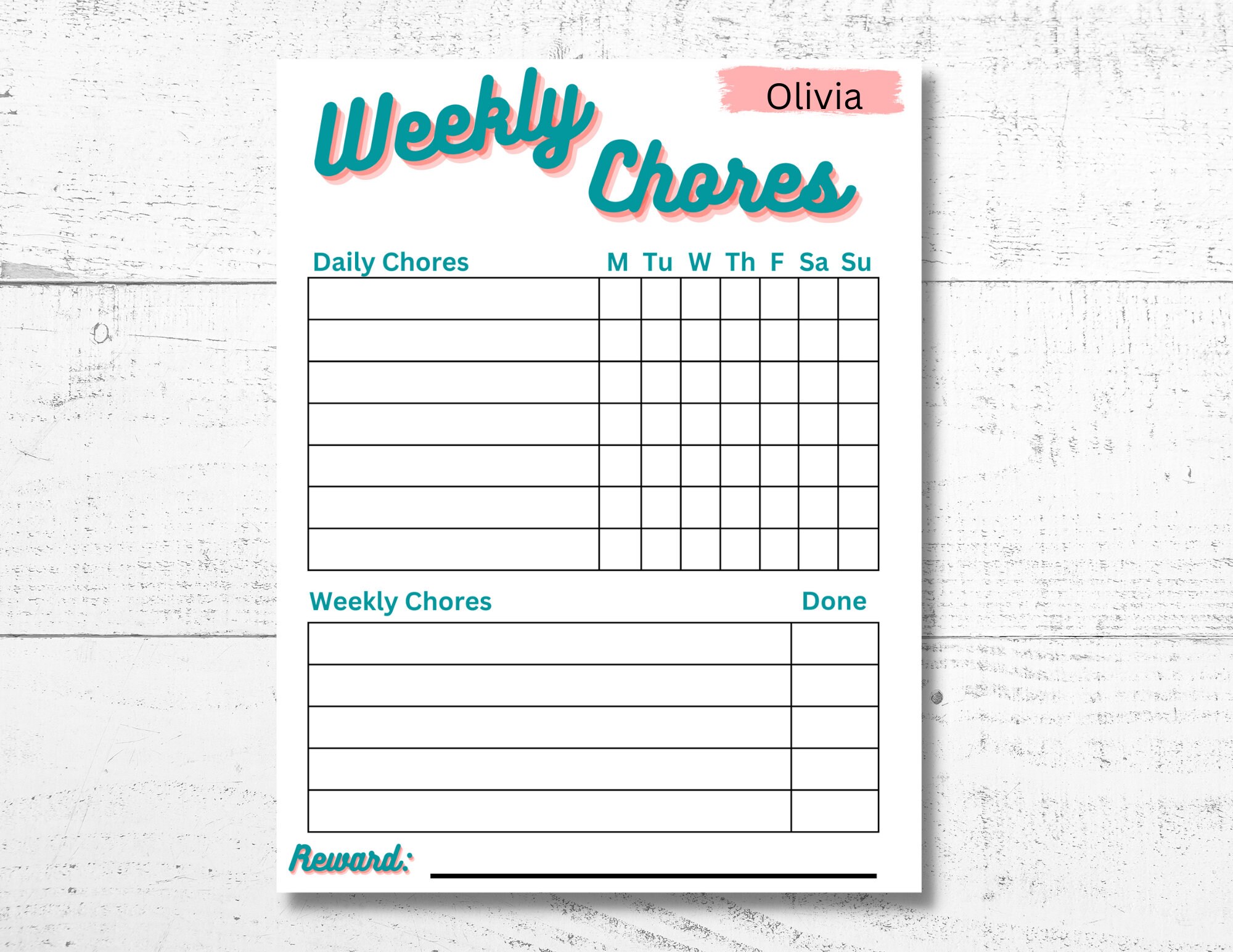 Printable Chore Chart, Daily and Weekly Chore Chart, Sunday Start ...