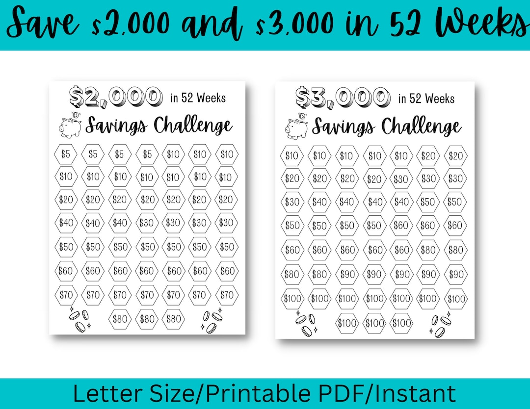 Save 2000 or 3000 in 52 Weeks, Saving Printable, No Spend Challenge ...