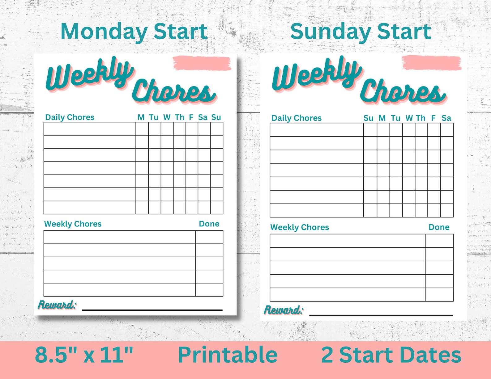 Printable Chore Chart, Daily and Weekly Chore Chart, Sunday Start ...