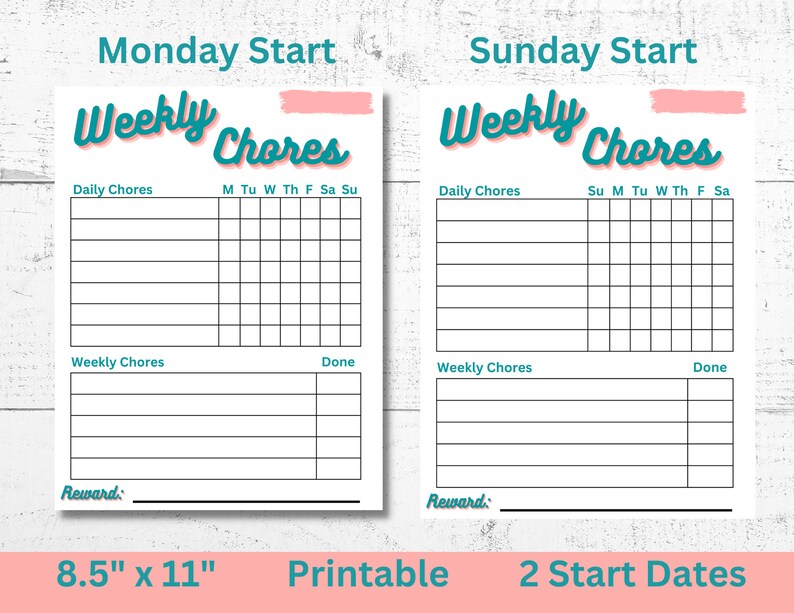 Printable Chore Chart, Daily and Weekly Chore Chart, Sunday Start ...