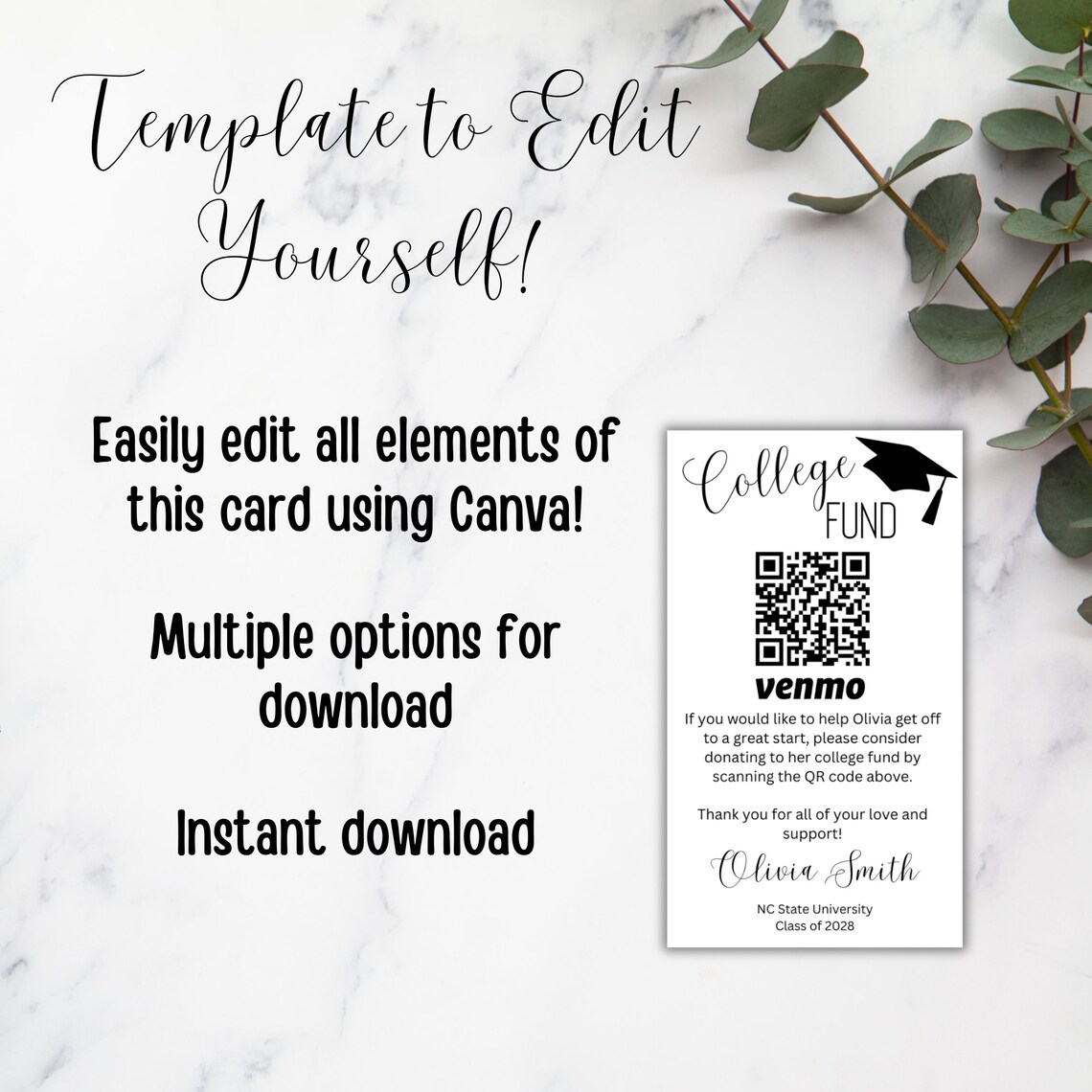 College Fund QR Card, Graduation QR Code Card Printable, Graduation ...