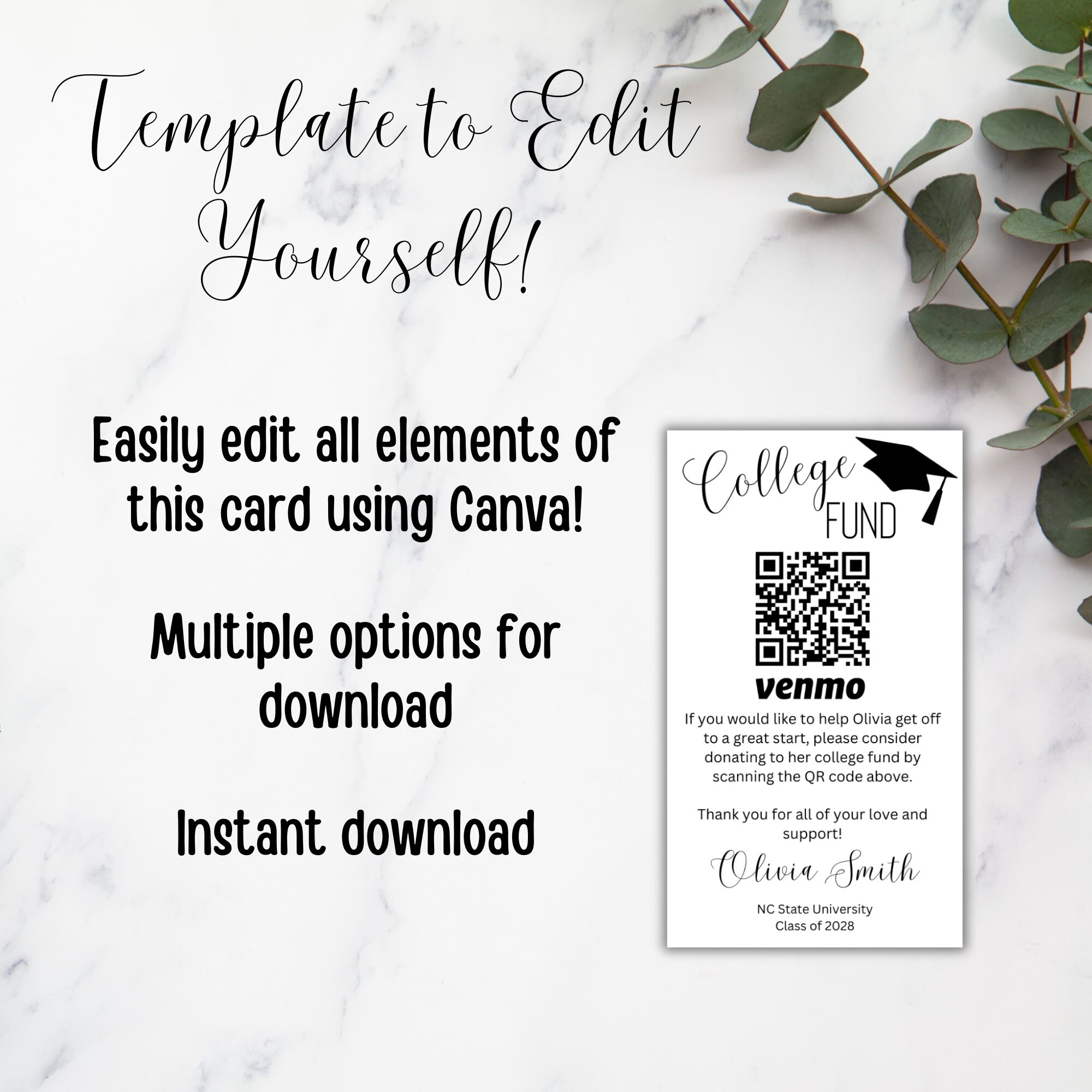 College Fund QR Card, Graduation QR Code Card Printable, Graduation ...