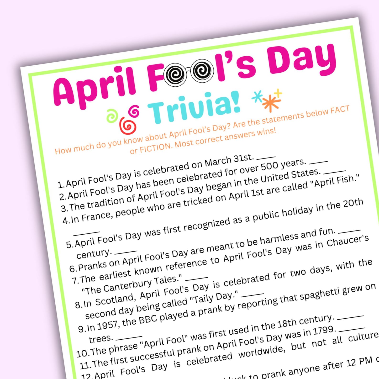 April Fools' Day Trivia, Printable Multiple Choice April Fools' Day ...