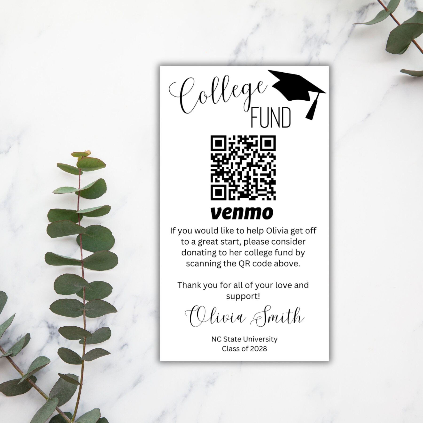 College Fund QR Card, Graduation QR Code Card Printable, Graduation ...