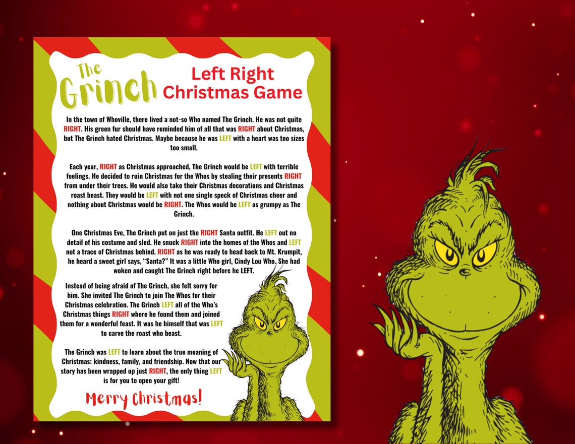 Grinch Left Right Christmas Game Christmas Pass the Prize Right Left ...