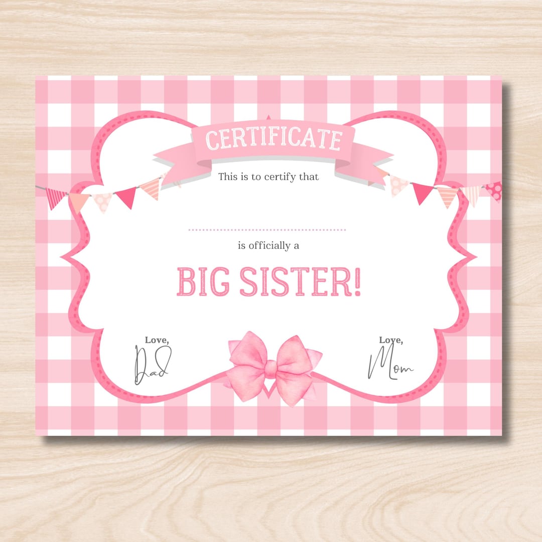 Big Sister Certificate Printable | Big Sis Printable | Promoted to Big ...