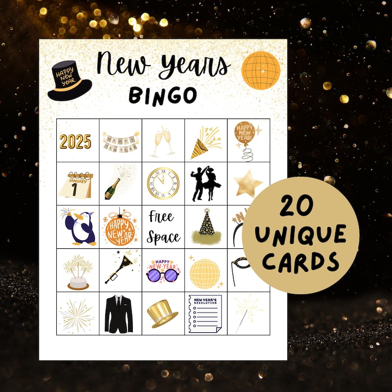 New Years Bingo, 20 New Years Eve Bingo Cards, New Years Eve Party Game ...