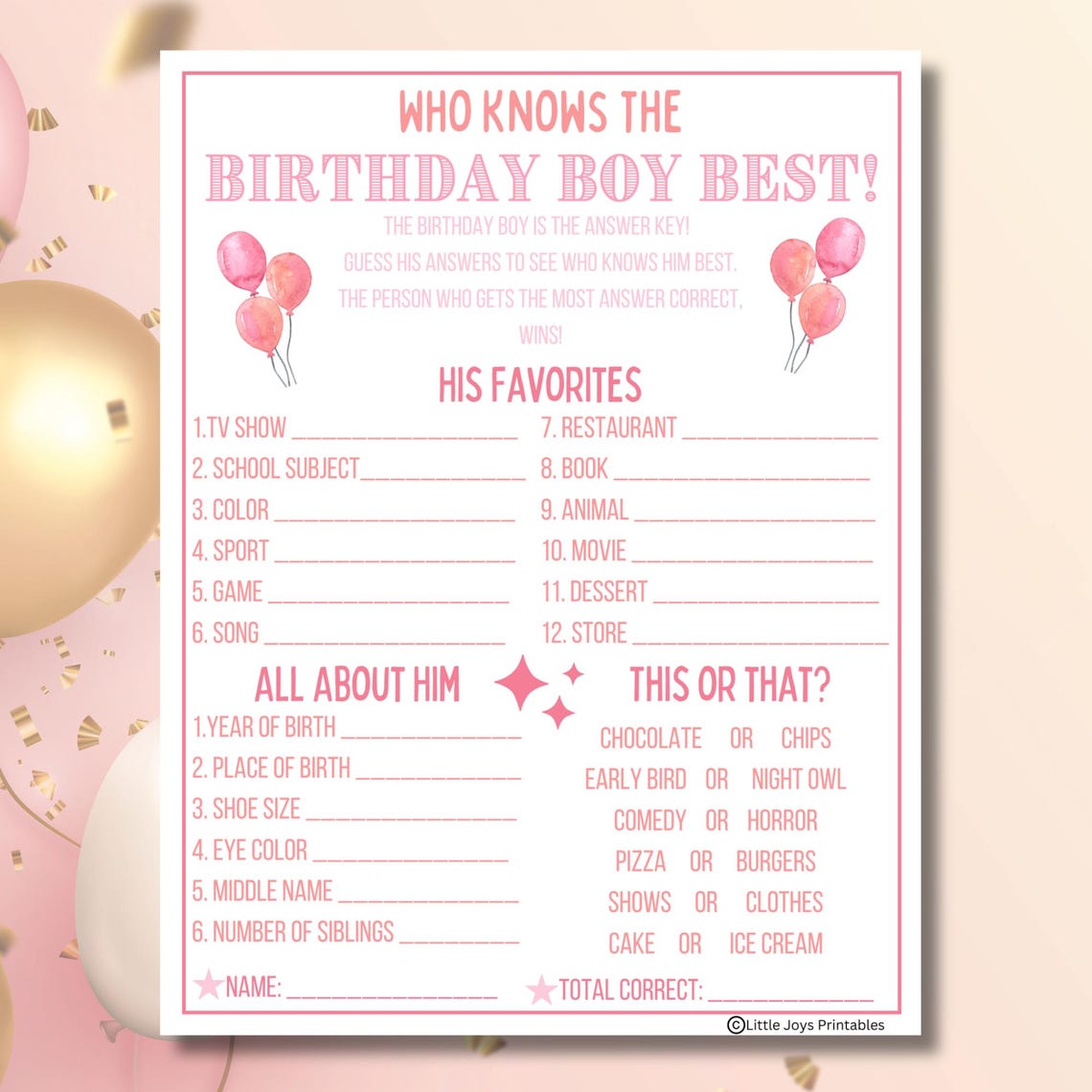 Who Knows the Birthday Girl Best, Editable Printable Pink Birthday Game ...