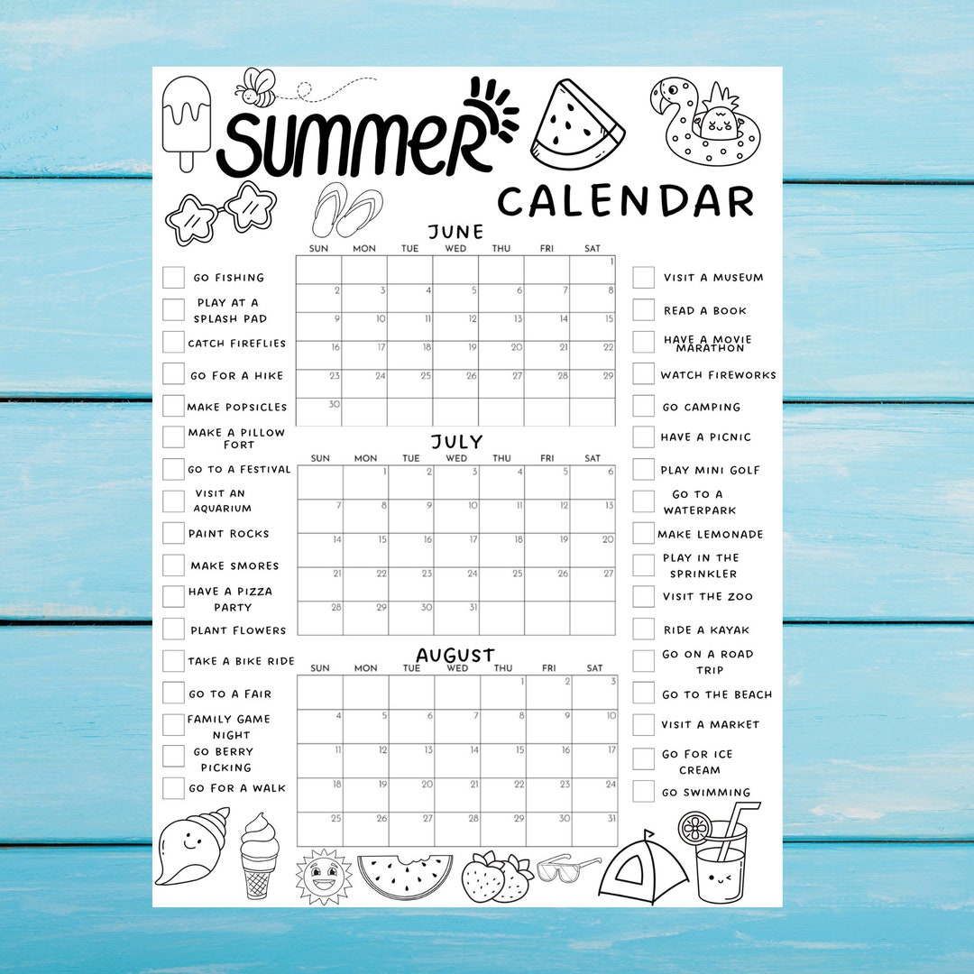 Printable Summer Calendar Poster, Summer Activities Calendar, Bucket ...