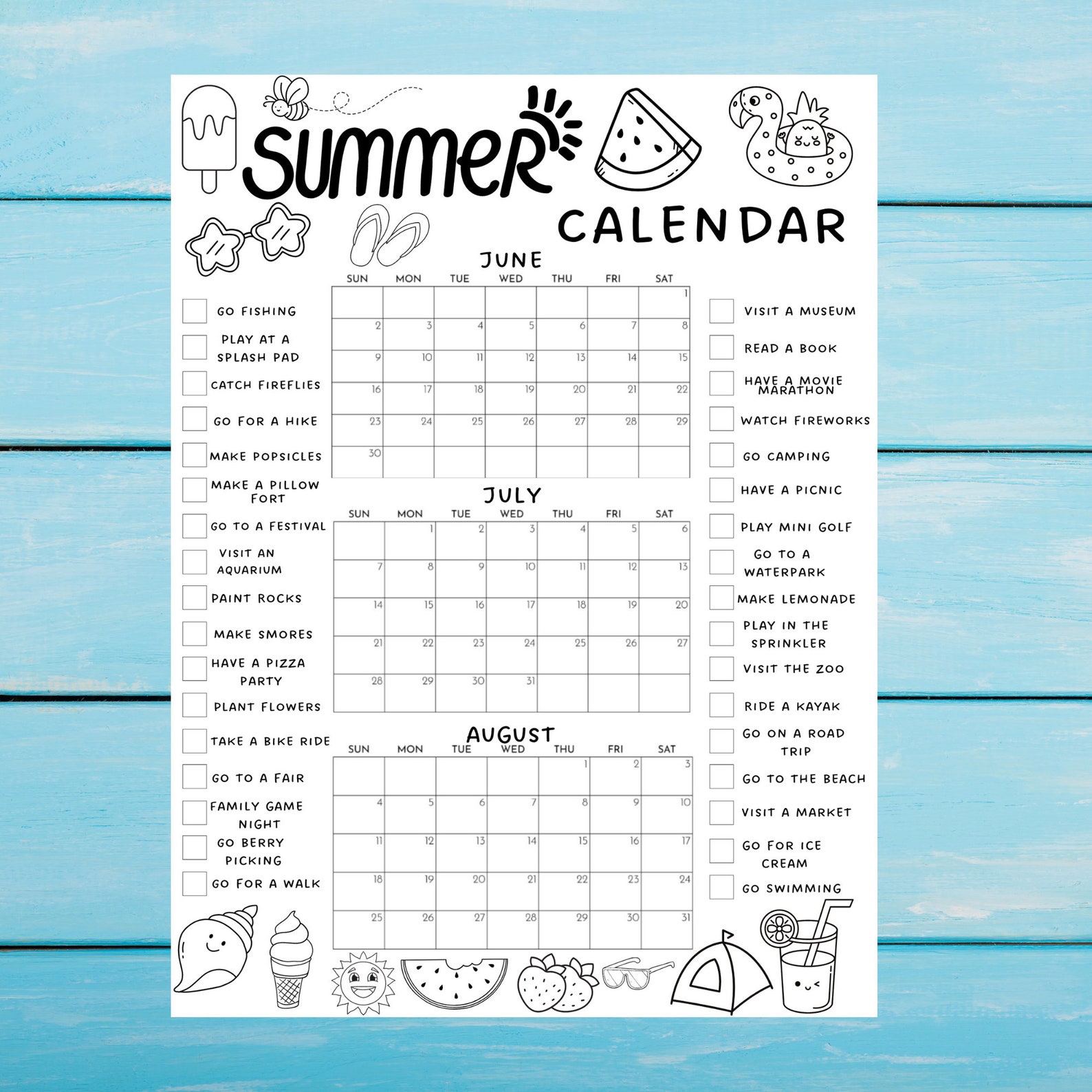 Printable Summer Calendar Poster, Summer Activities Calendar, Bucket ...
