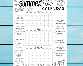 Editable Summer Calendar Poster, Summer Activities Calendar, Summer ...