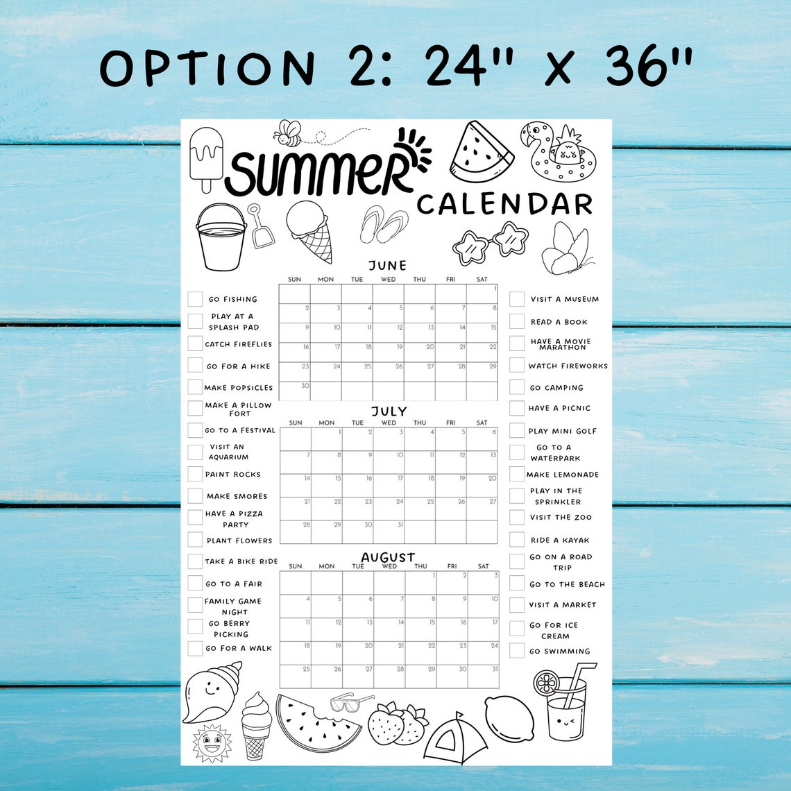 Printable Summer Calendar Poster, Summer Activities Calendar, Bucket ...