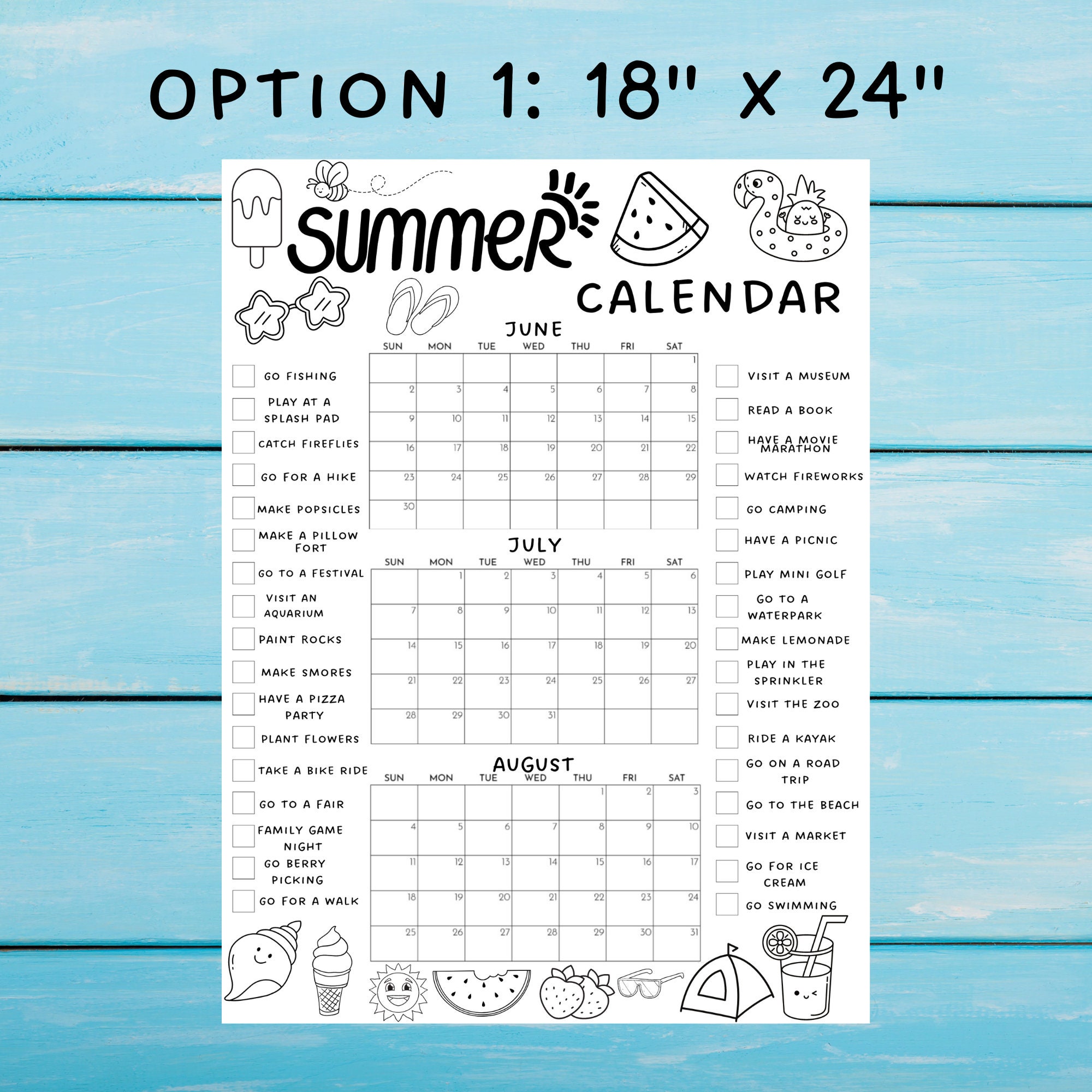 Printable Summer Calendar Poster, Summer Activities Calendar, Bucket ...