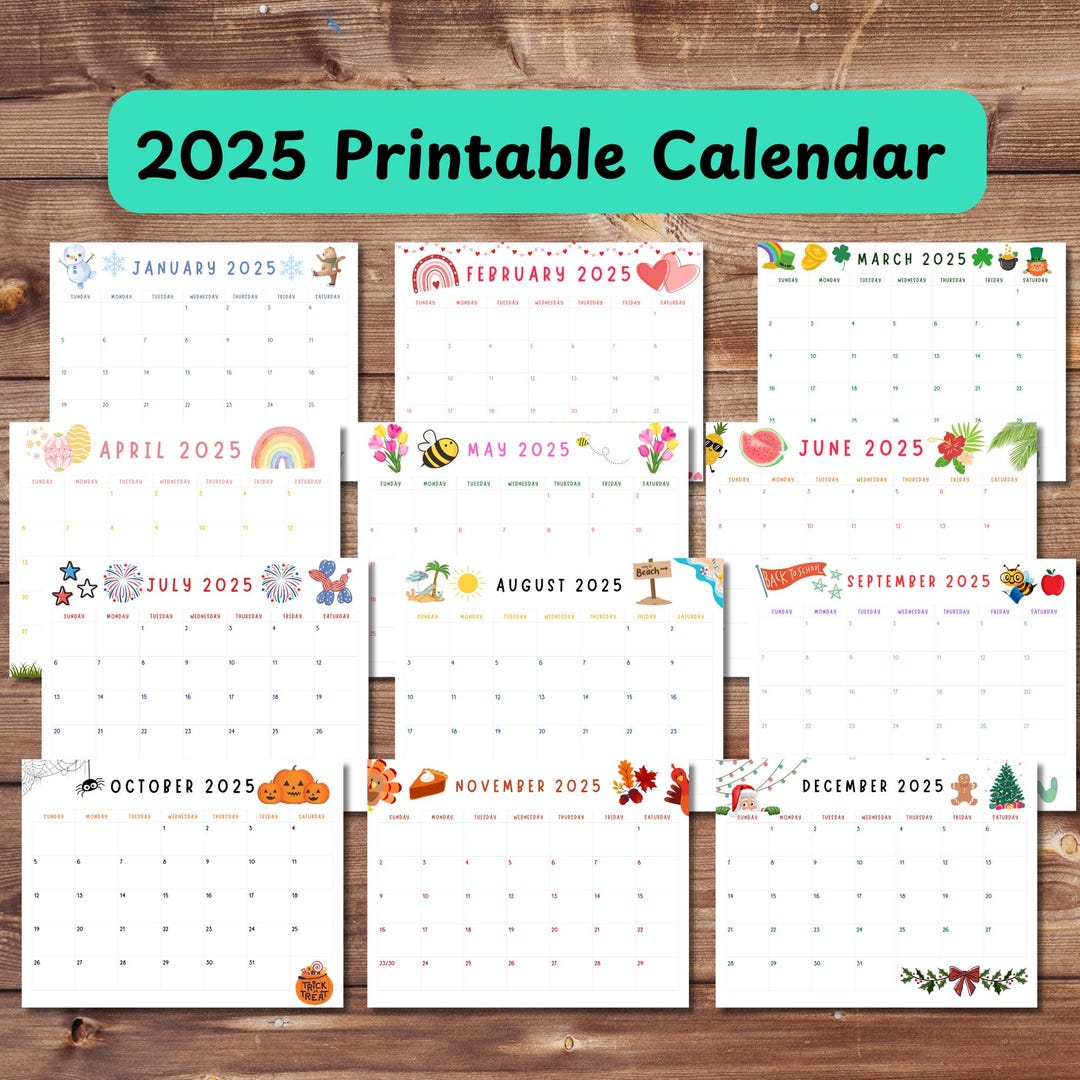 2025 Calendar Printable, Cute Kids Calendar 2025, Wall Calendar PDF ...