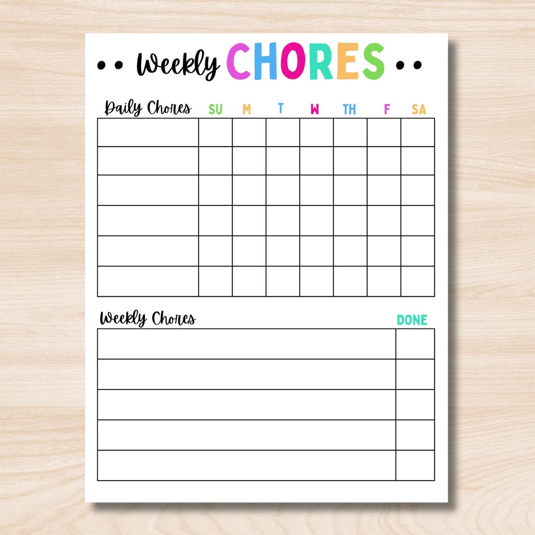Chore Chart, Printable Editable Daily & Weekly Kids Chore ...