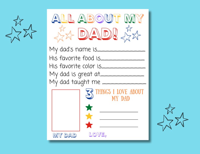 All About My Dad Printable, Father's Day Gift, Father's Day Printable ...