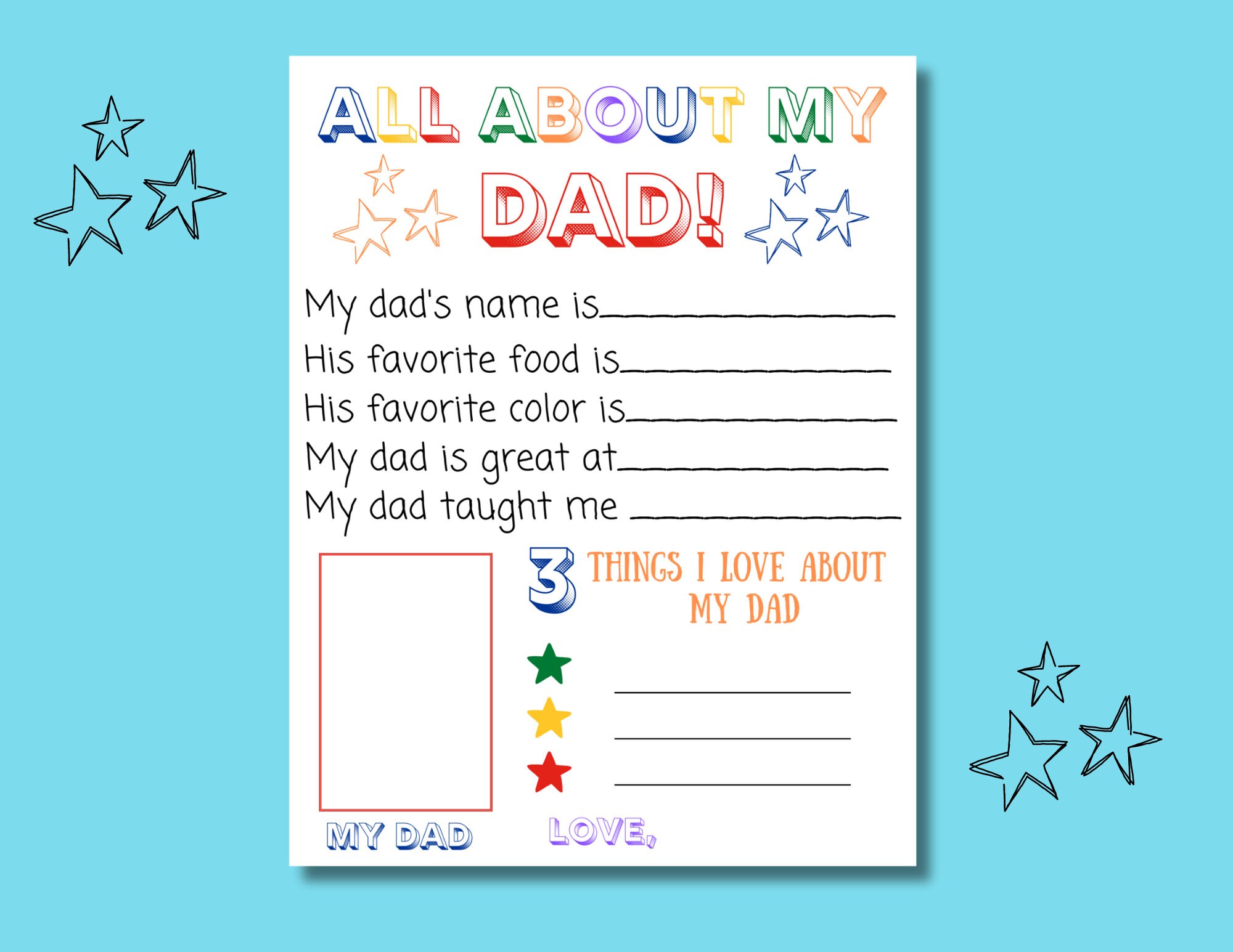 All About My Dad Printable, Father's Day Gift, Father's Day Printable ...
