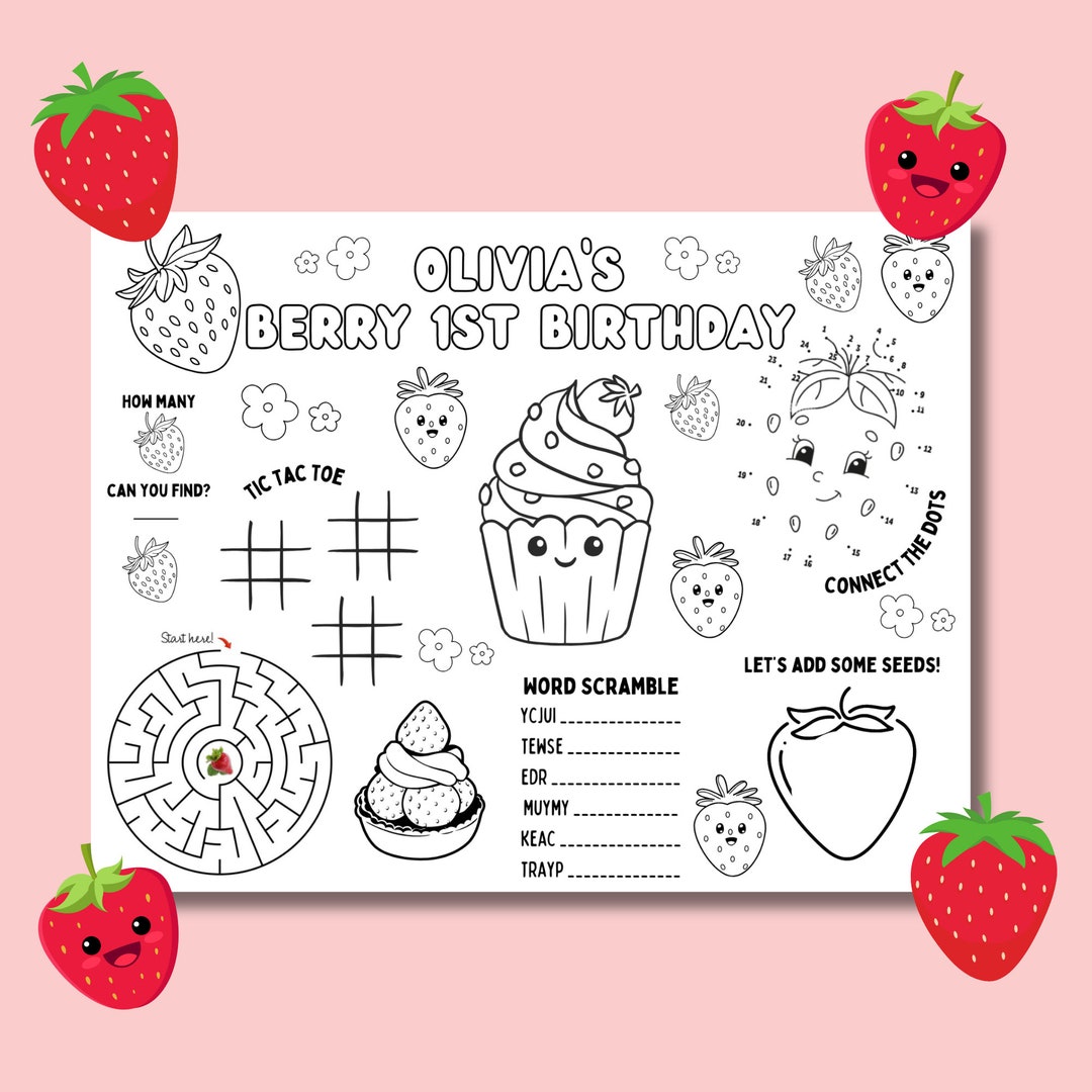 1st Birthday Strawberry Coloring Placemat, Strawberry Activity Placemat ...