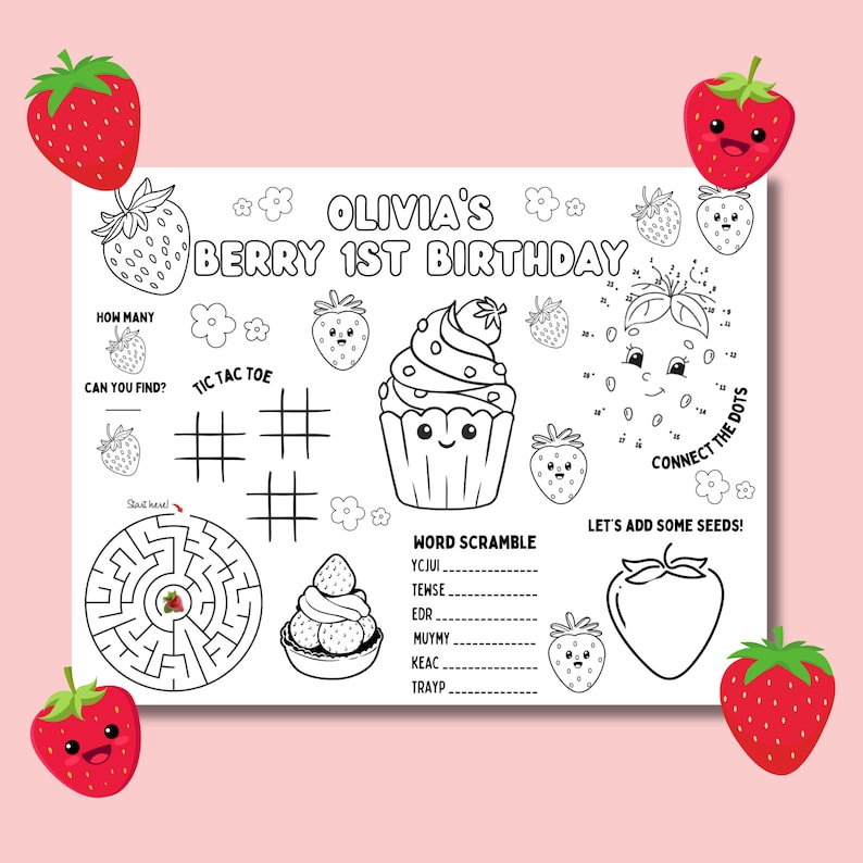 1st Birthday Strawberry Coloring Placemat, Strawberry Activity Placemat ...