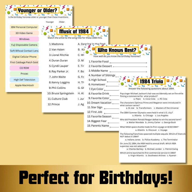 40th Birthday Games Bundle 40th Birthday Party Games 1984 Trivia Born ...