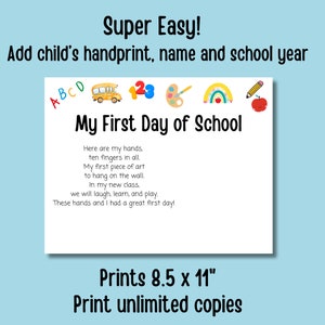 First Day of School Handprint Craft, Back to School Poem Handprint Art ...