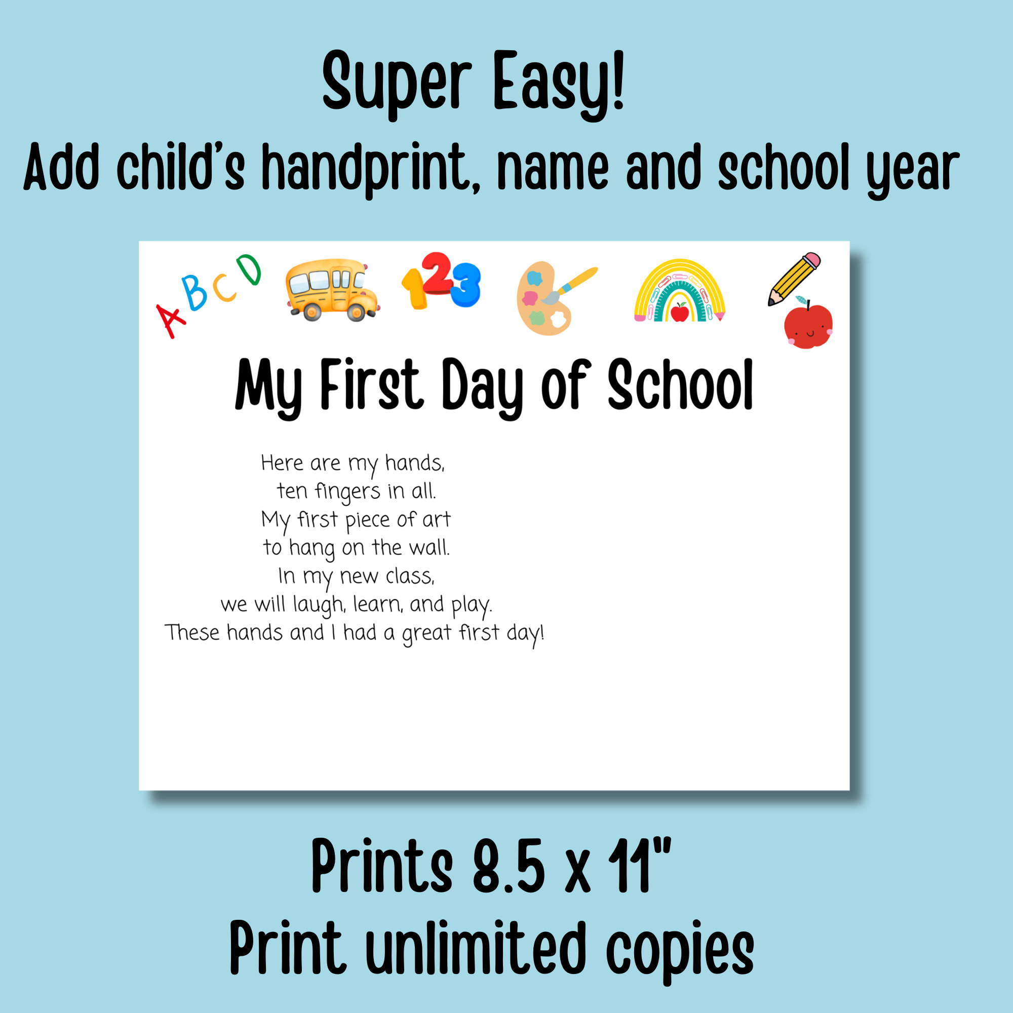 First Day of School Handprint Craft, Back to School Poem Handprint Art ...