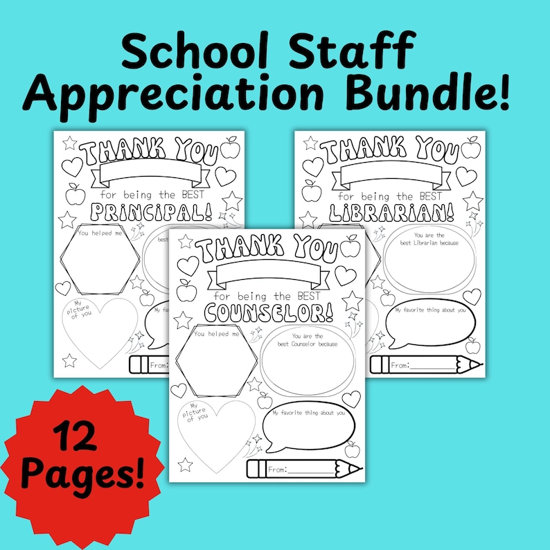 School Staff Appreciation Coloring Pages Bundle • Printable Thank You ...