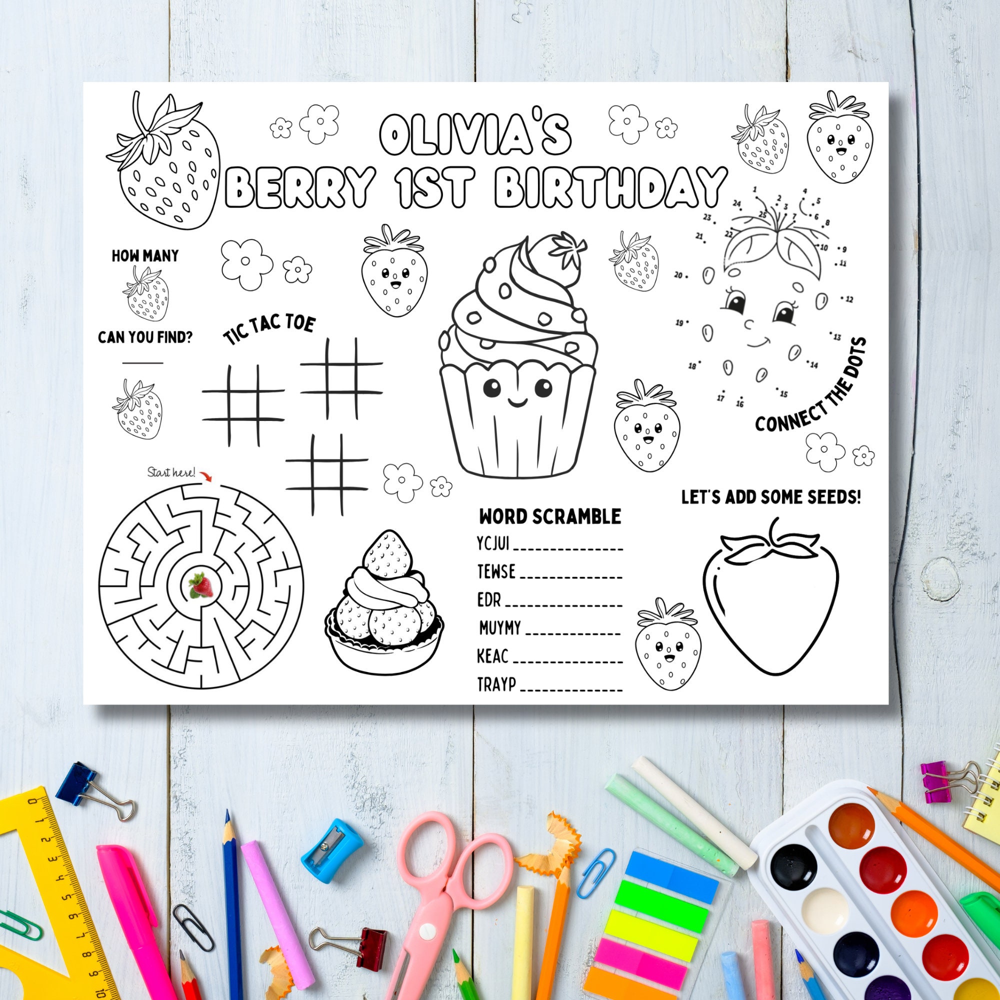 1st Birthday Strawberry Coloring Placemat, Strawberry Activity Placemat ...