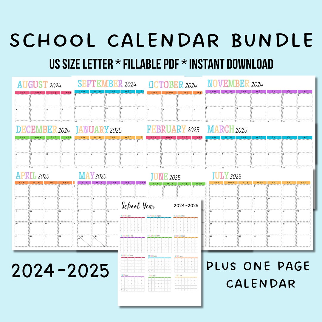 School Year Calendar Printable 2024-2025 Bundle Portrait Monthly ...