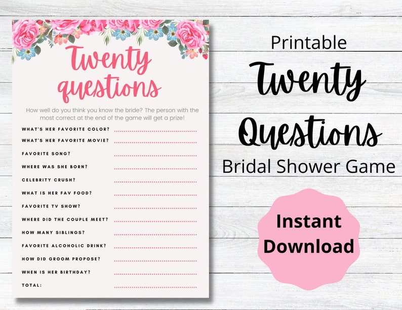 Twenty Questions Game, Bridal Shower Game, Printable - Etsy