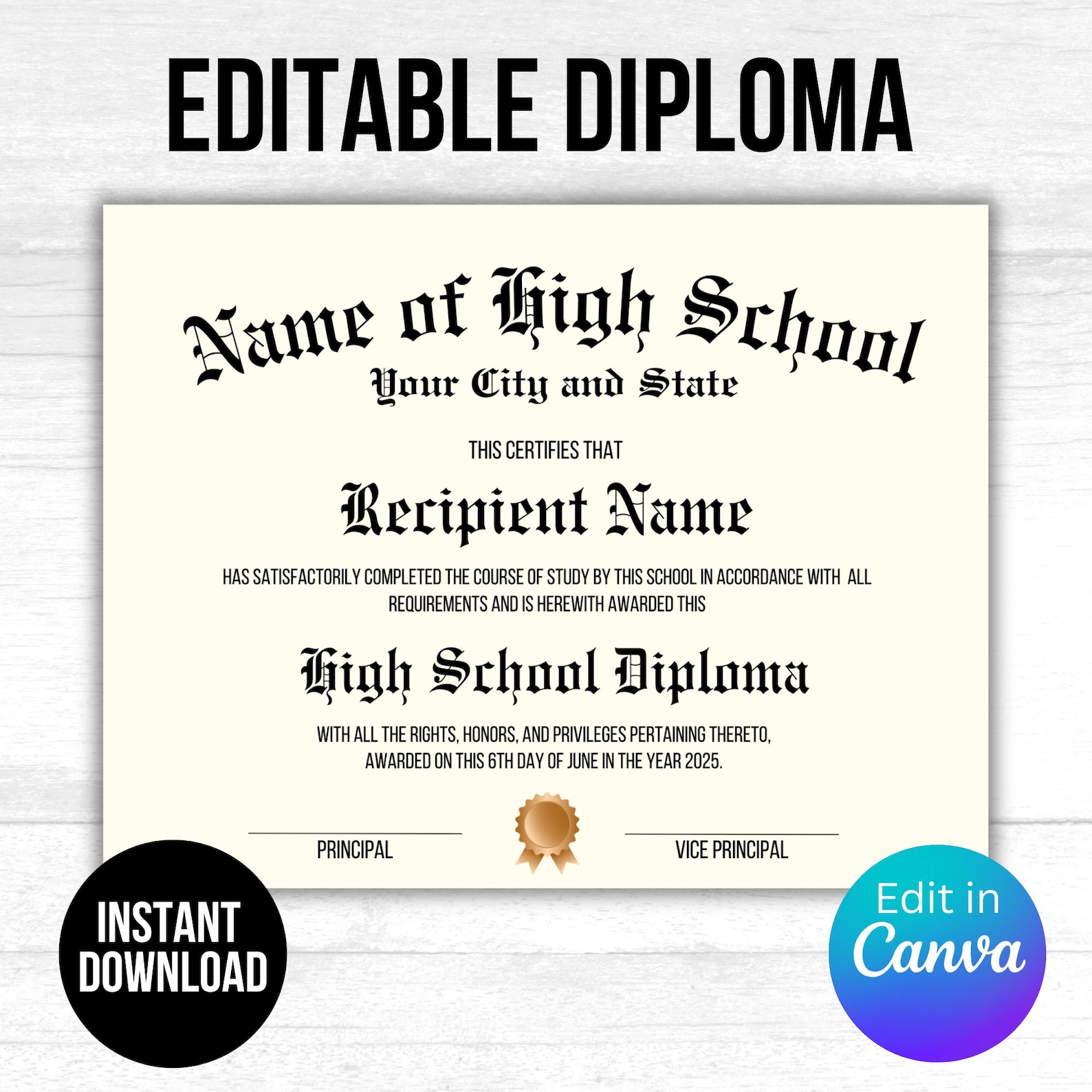 High School Diploma, Homeschool Diploma, Editable Diploma Template, GED ...