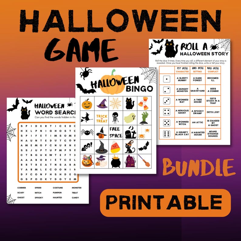 PRINTABLE Halloween Game Bundle, Word Search, Roll a Story, Bingo ...