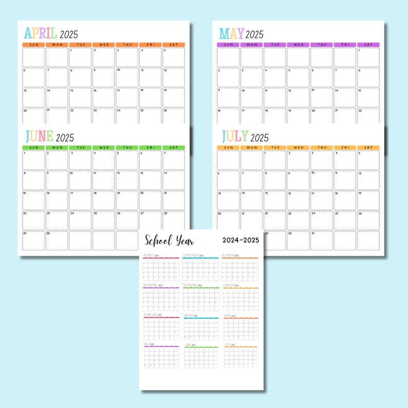 School Year Calendar Printable 2024-2025 Bundle Portrait Monthly ...