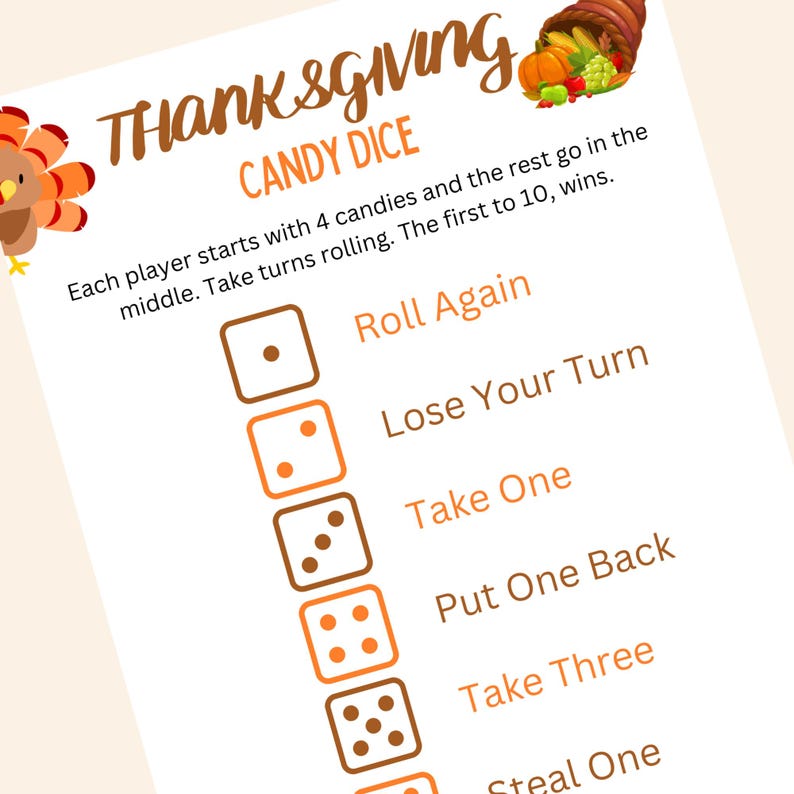 Thanksgiving Candy Dice | Fun Thanksgiving Game | Printable ...