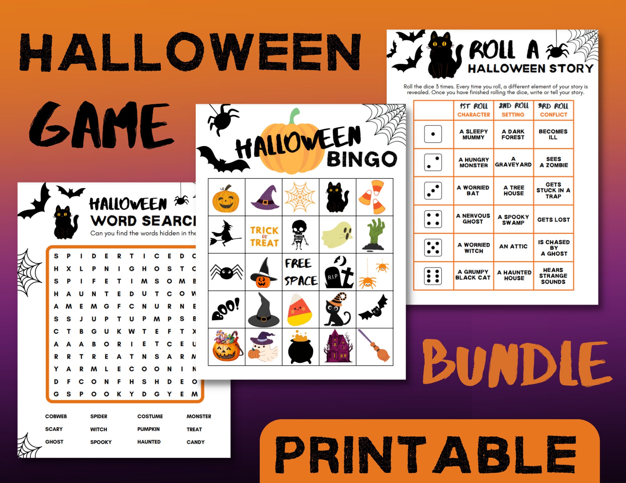 PRINTABLE Halloween Game Bundle Word Search Roll a Story - Etsy